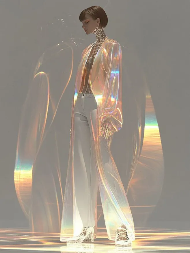 This may contain: a woman is standing in front of an abstract ...