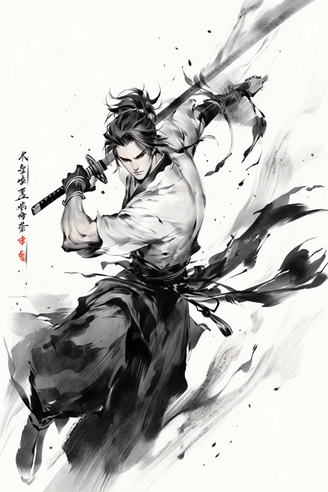 古风执剑少年水墨武侠剑客插画-花瓣网