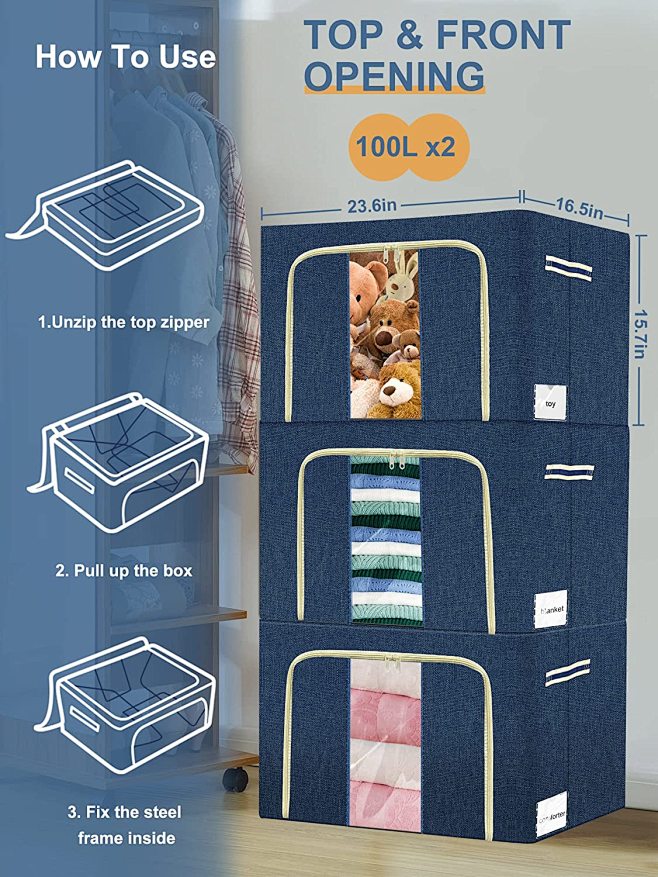 Amazon.com: Clothes Storage Bins Boxes - 2 Pack 100L Foldable Stackable ...