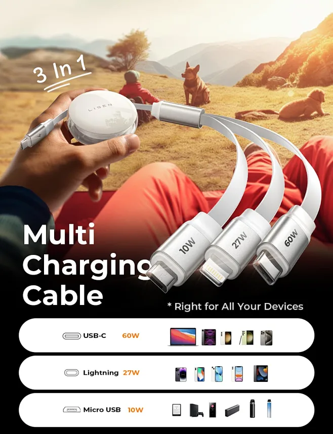 Amazon.com: LISEN 60W/3.5A Multi Charging Cable, Retractable iPhone ...