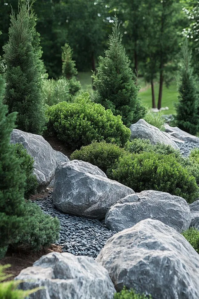 This may contain: some very pretty rocks and trees in the grass-花瓣网