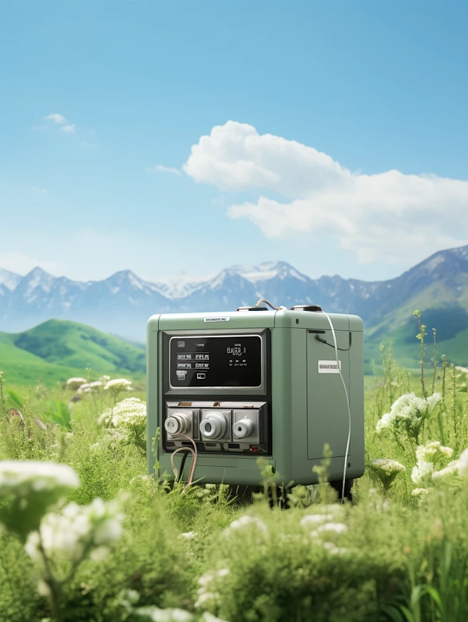 Small portable power pack in the middle of a green field, in the style ...