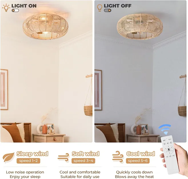 shitougu 20Inch Flush Mount Boho Ceiling Fans with Lights, Rattan Caged ...