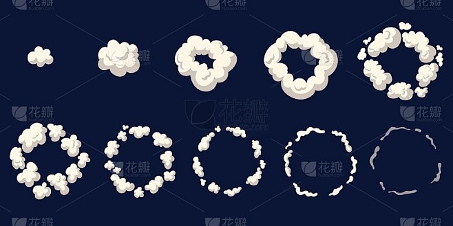 动画卡通烟雾。动画云爆炸尘埃，精灵框架片废气，爆炸boom运动效果的游戏，爆炸炸弹膨胀fx，漫画ba
