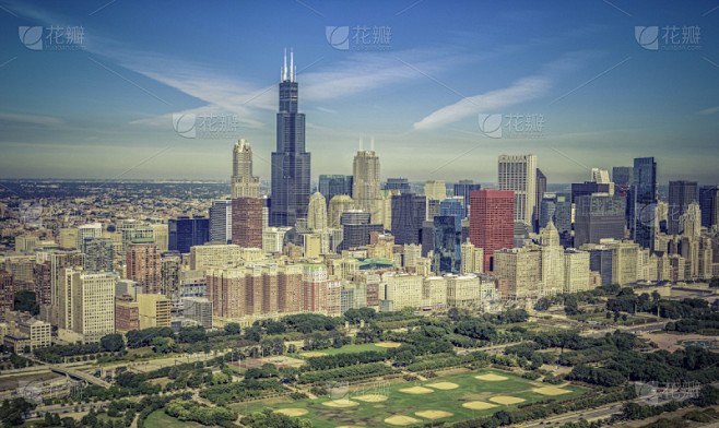 芝加哥市,城市天际线,航拍视角,美国,水平画幅,建筑,无人,蓝色,早晨,城市生活