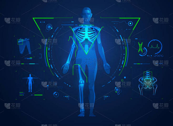 骨科技术的概念或骨骼和关节的医学治疗，用X光接口的身体图形