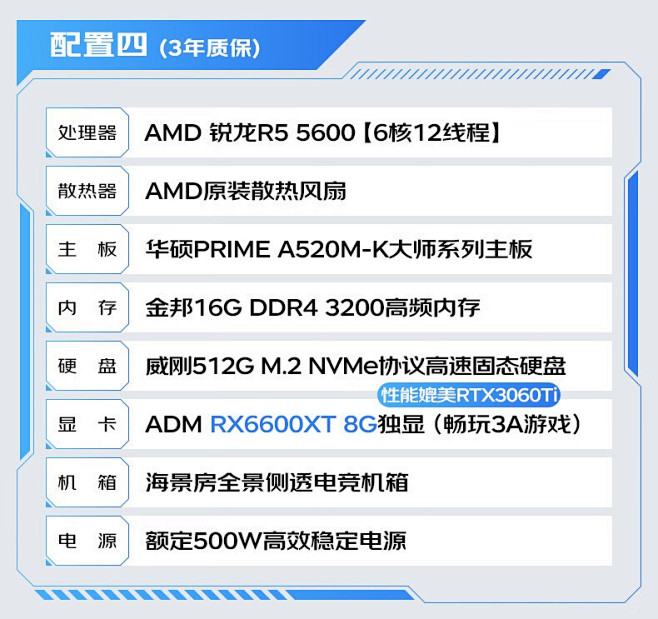 华硕（ASUS）DIY整机锐龙R5 5600/6600XT/6700XT电竞游戏台式组装电脑主机 配置三R5 5600/RX6600/16G ...