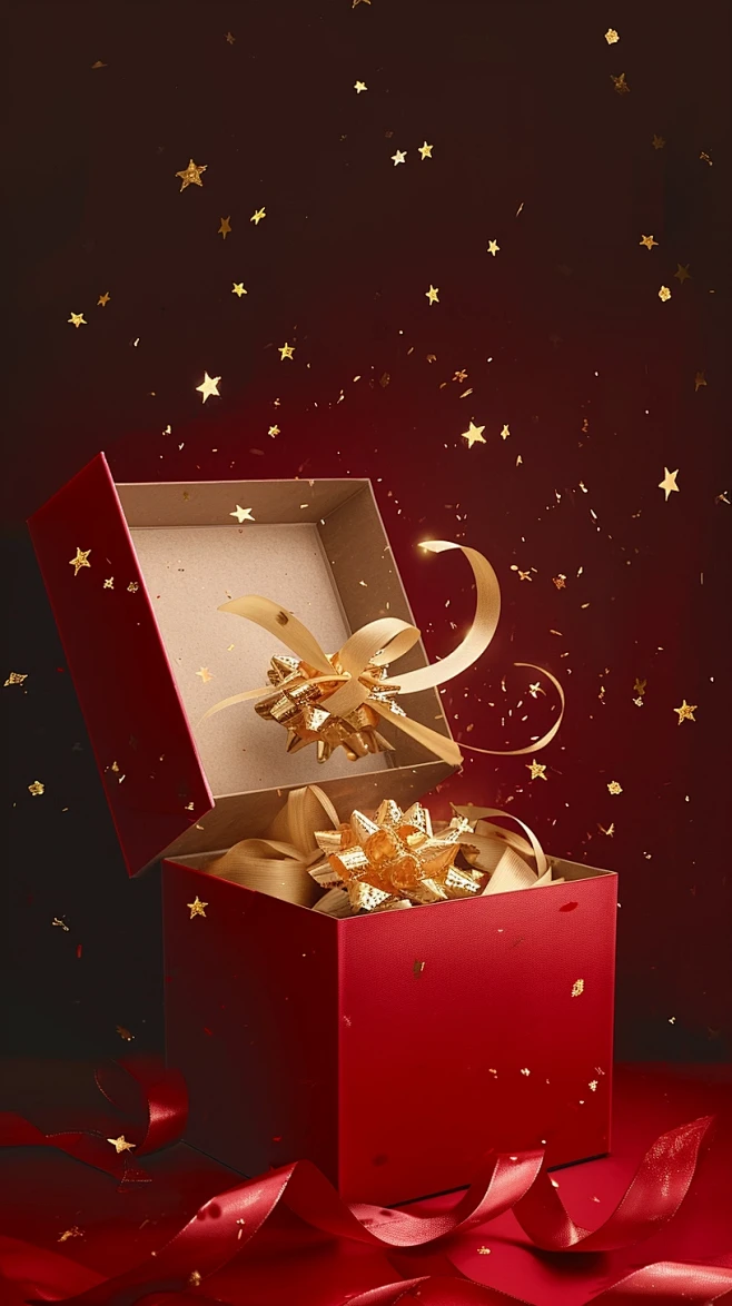 Open christmas gift box with golden ribbon and stars, in the style of ...