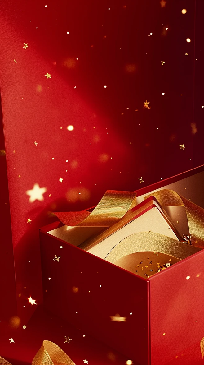 Open christmas gift box with golden ribbon and stars, in the style of ...