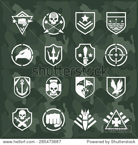 Vector military symbol icons set. Fist and sword, eagle and skull ...