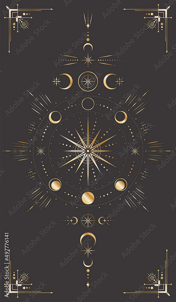 Vector celestial background with ornate outline star, moon phases ...