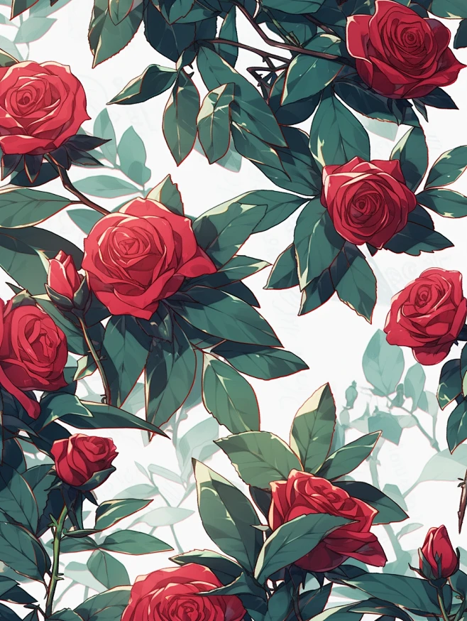 manyanlin_red_roses_with_dark_green_leaves_on_a_white_backgroun ...