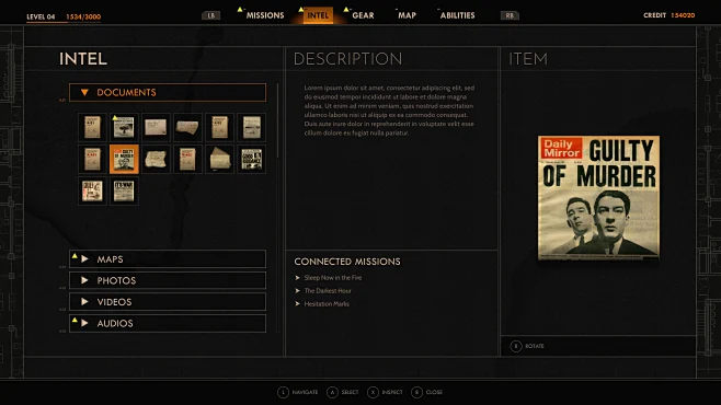 dark detective game ui graphic design iconography noir rpg spy ...