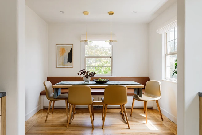 Small danish light wood floor and brown floor breakfast nook photo in ...