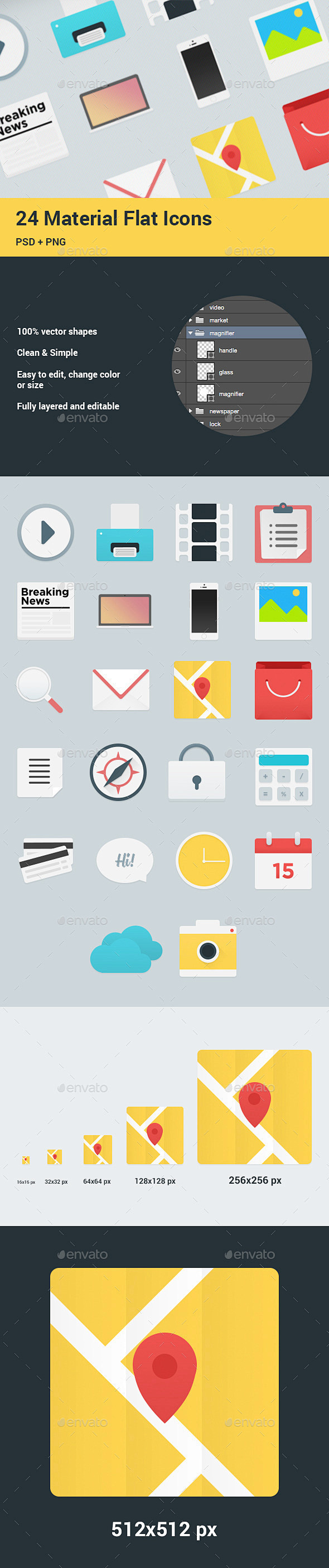 24平材料图标设置——网络图标24 Flat Material Icons Set - Web Icons书,计算器,日历,相机,卡片,卡片,聊天,时钟,云,指南针,计数器,文件,平坦,文件夹 ...
