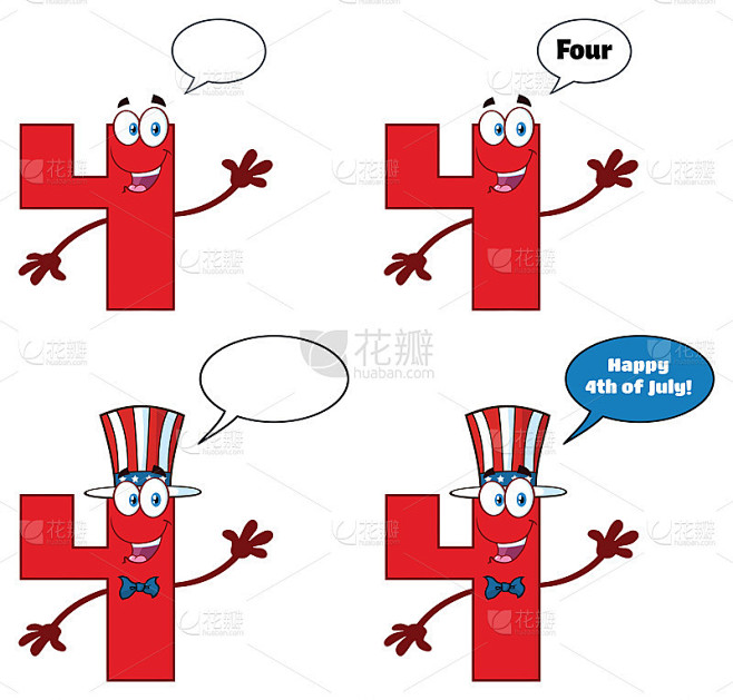 红色数字4卡通吉祥物角色集2。集合
