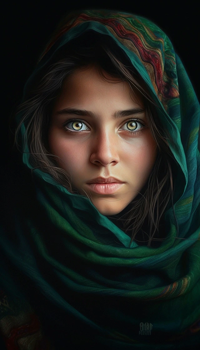 pakistani girl with green scarf and blue eyes, in the style of dark ...
