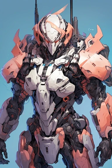 illustration of pastel mecha suit, dynamic line work, high contrast ...