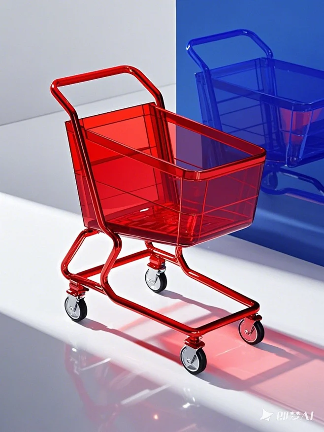 亚克力材质、购物车，正红色、磨砂玻璃、透明技术感、等距、居中构图、白色背景、工作室照明、3D、C4D、blender、OC 渲染，背景钴蓝色-花瓣网
