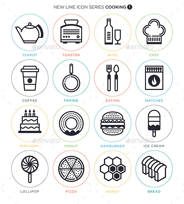 烹饪行图标——对象集图标Cooking Line Icon Set - Objects Icons面包、厨师、咖啡、收集、厨师,烹饪,烹饪,杯 ...