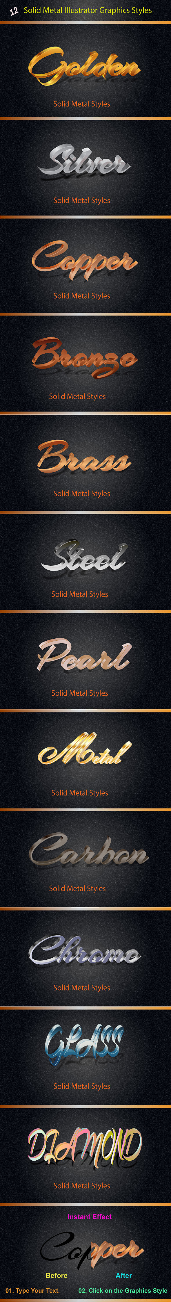 12固体金属风格的插画家,风格插画家12 Solid Metal Styles for Illustrator - Styles ...