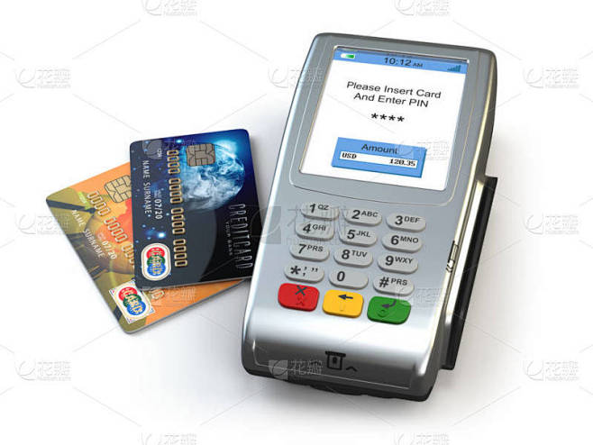 Pos 终端用信用卡在白色背景上分离。3d