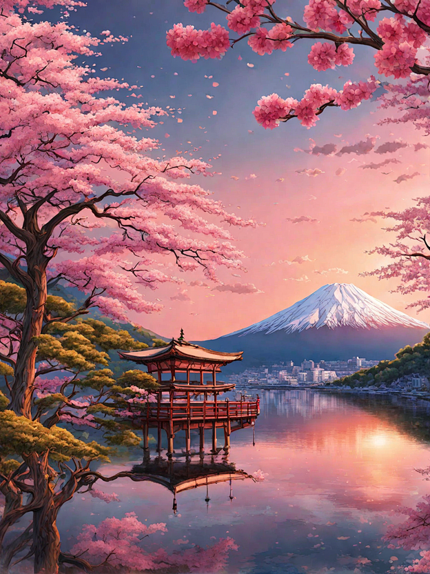 japan-pink-sky-mount-fuji-characteristic-buildings-cherry-blossoms ...