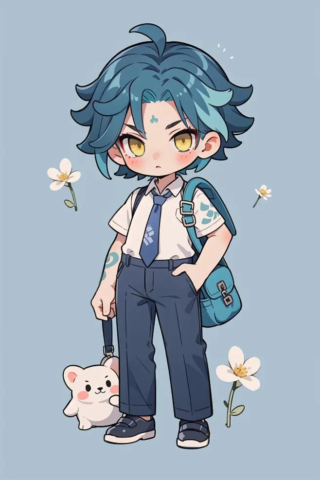 超可爱的原神Q版插画-穿上校服的魈 作者：阿喵 采集@别致的七-花瓣网