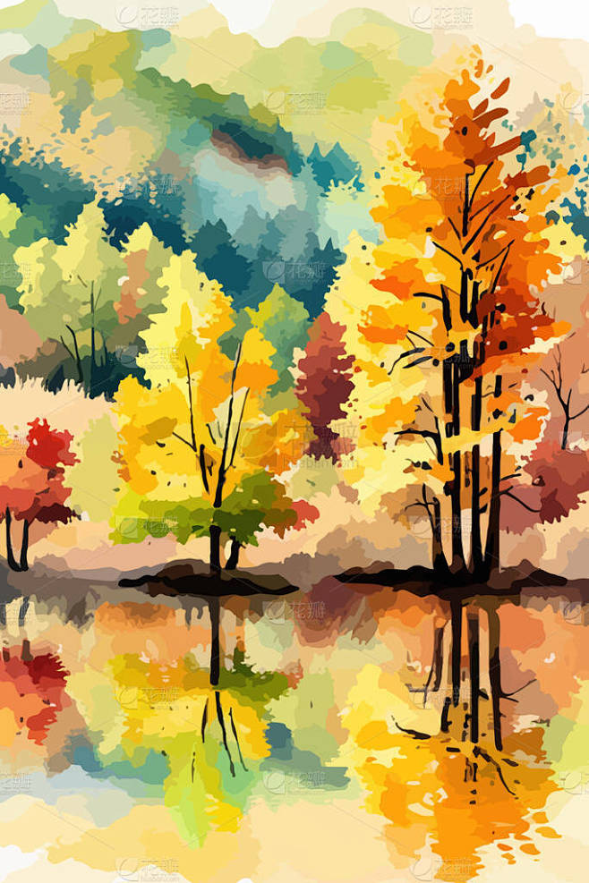 水彩画秋天的森林在湖滨的矢量上描绘了秋天的树木在平静的森林湖畔或池塘在阳光明媚的秋日