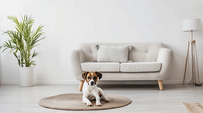 ls7623_A_dog_crawling_on_the_sofa_empty_white_wallnext_to_is_a ...