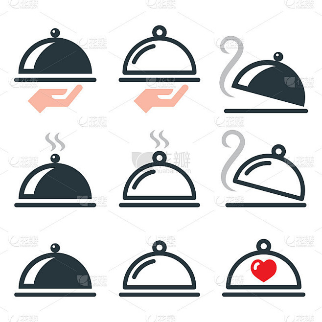 晚餐，美食盘与美味的餐厅菜品矢量图标设置