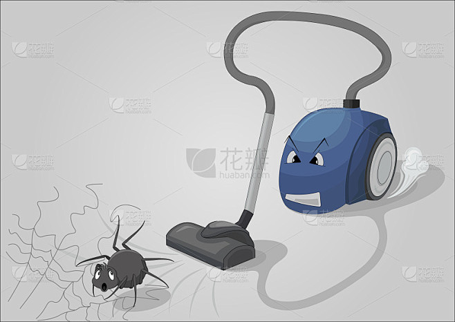 Evil vacuum cleaner is chasing a scared spider