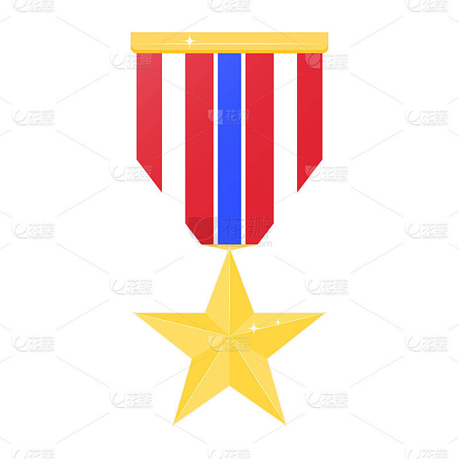 Gold star medal with red ribbon. Metallic winner a