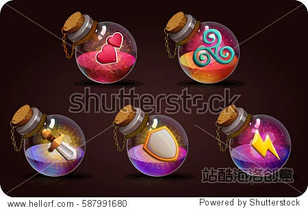 Bottles set with magic potion. Game icon of magic elixir. Vector design for app user interface ...
