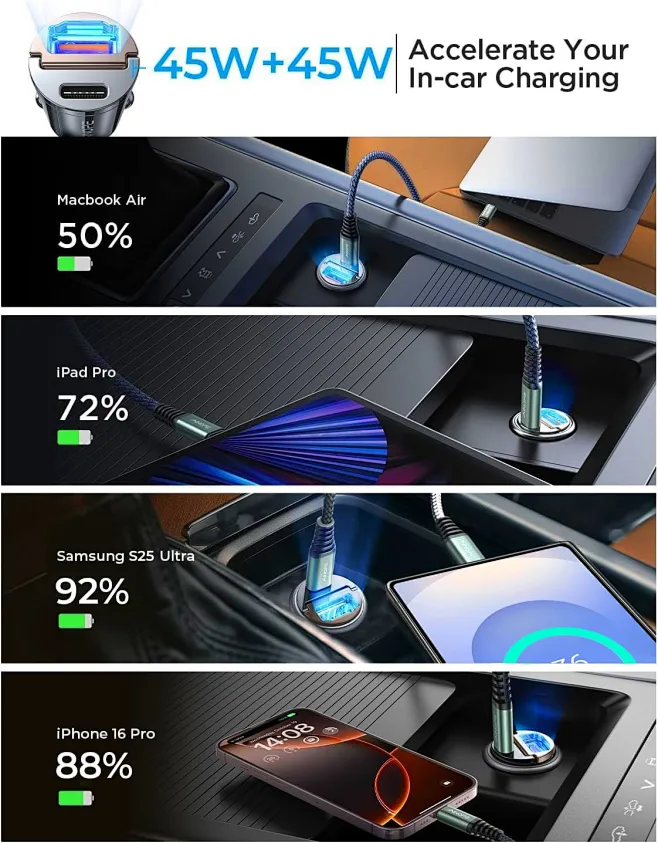 Amazon.com: AINOPE 90W Super Fast Car Charger, Invisible Cigarette Lighter USB Adapter USB C 45W ...