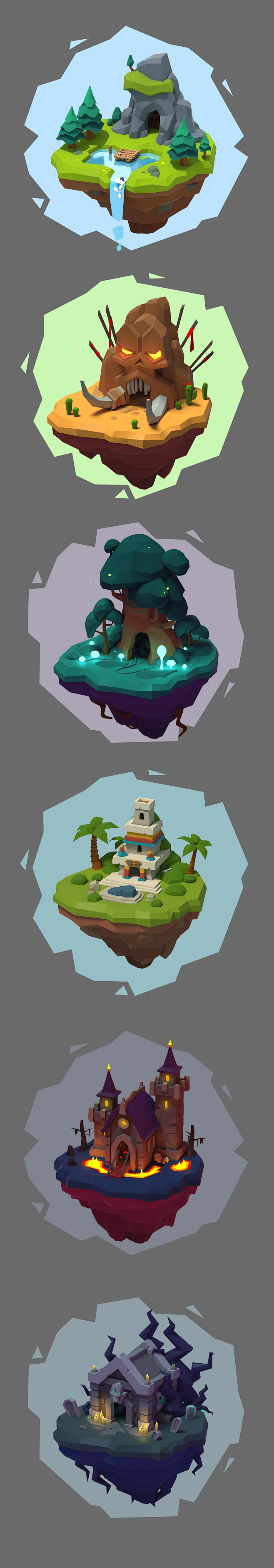 art floating green islands Low Poly lowpoly mobile game stylized-花瓣网
