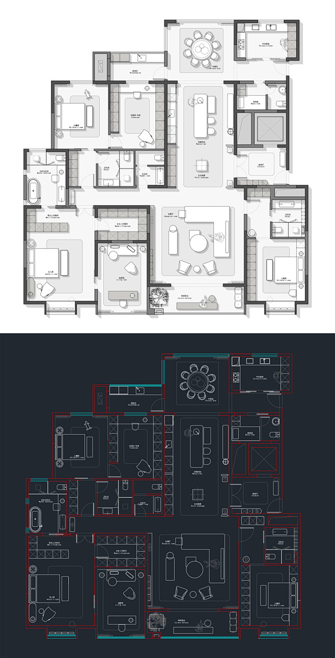 300㎡大平层户型图CAD+PS彩平图
