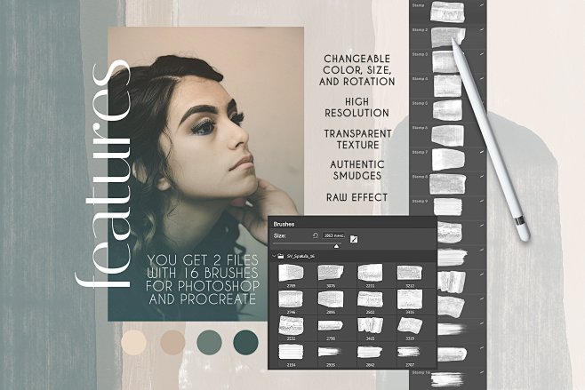 抽象艺术装饰水彩毛笔手绘涂鸦水墨Ps&Procreate图章笔刷设计素材 Spatula PS & Procreate Stamp Brushes-花瓣网