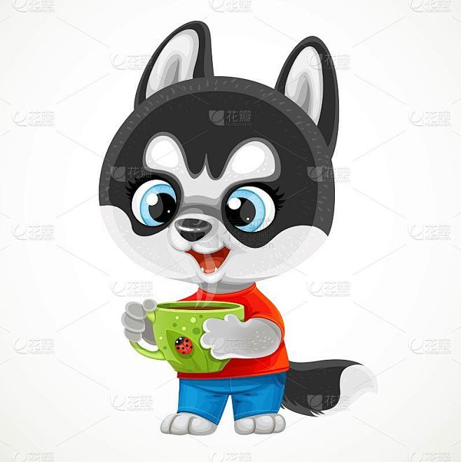 Cute cartoon husky puppy holding a cup of coffee o