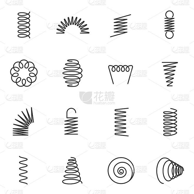 金属弹簧图标集。线条与可编辑的笔触