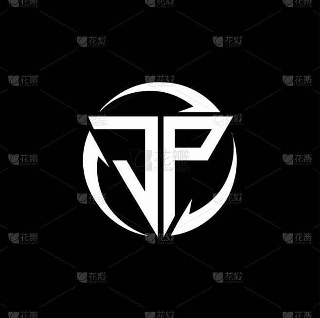 带有三角形和圆形圆形设计模板的JP标志，在黑色背景上隔离