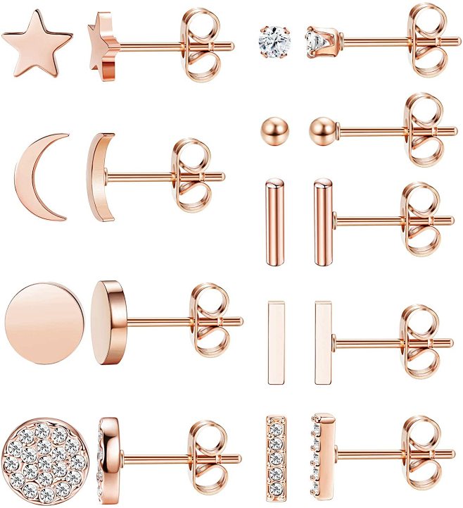 Amazon.com: FIBO STEEL 9 Pairs Stainless Steel Star Moon Stud Earrings ...