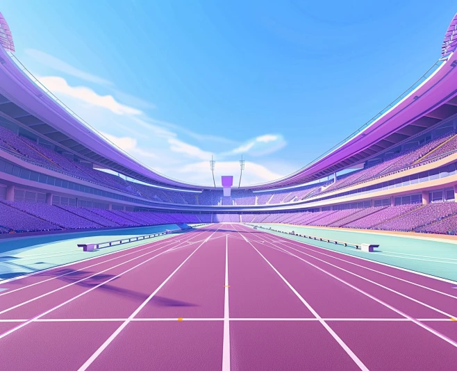 A cartoon 3D scene of the Olympic Stadium, using a purple color scheme ...
