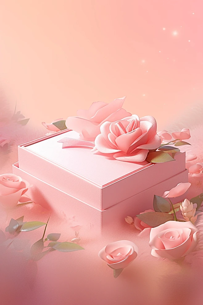 An empty pink gift box surrounded on roses, in the style of realistic ...