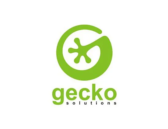 This may contain: the logo for gecko solution, which is designed to look like an insect in a ...