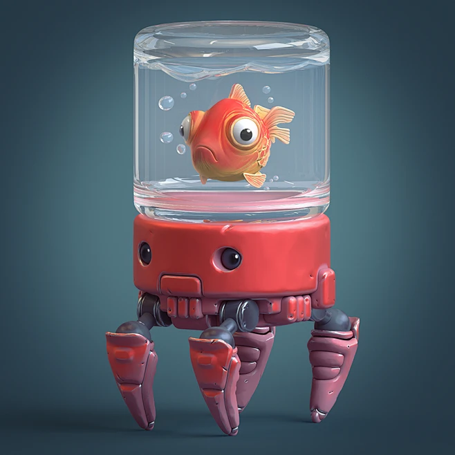 Crab bot. : Red crab robot with a goldfish in an aquarium on his head.-花瓣网