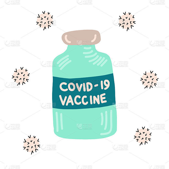 疫苗瓶冠状病毒图标。冠状病毒疫苗剂量手绘插图。疫苗接种时间。停止Covid。预防、免疫和治疗Covi