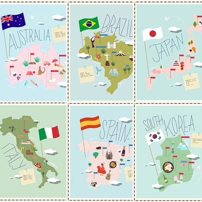 日本巴西法国意大利韩国卡通地标旅游地图插画AI矢量素材ai347-淘宝网-花瓣网
