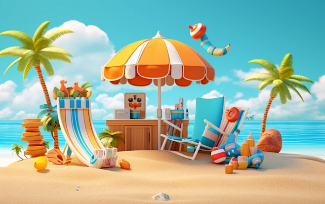 Cute 3d illustration of cartoon beach scene. Summer design. Traveling mock up. Summer beach ...