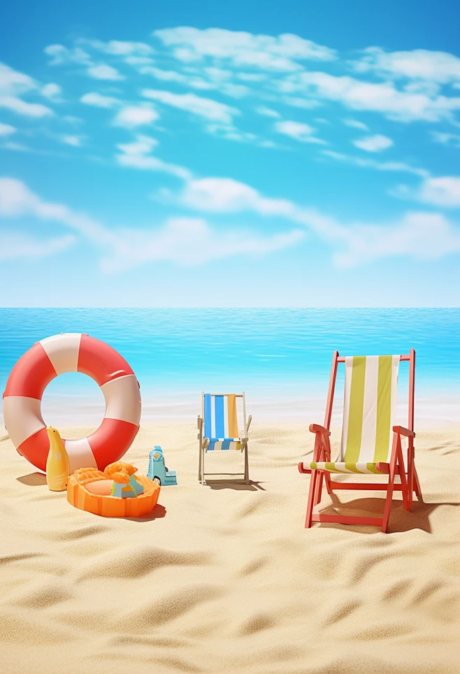 beach scene with Beach chairs, swimming rings, skateboards,, in the ...